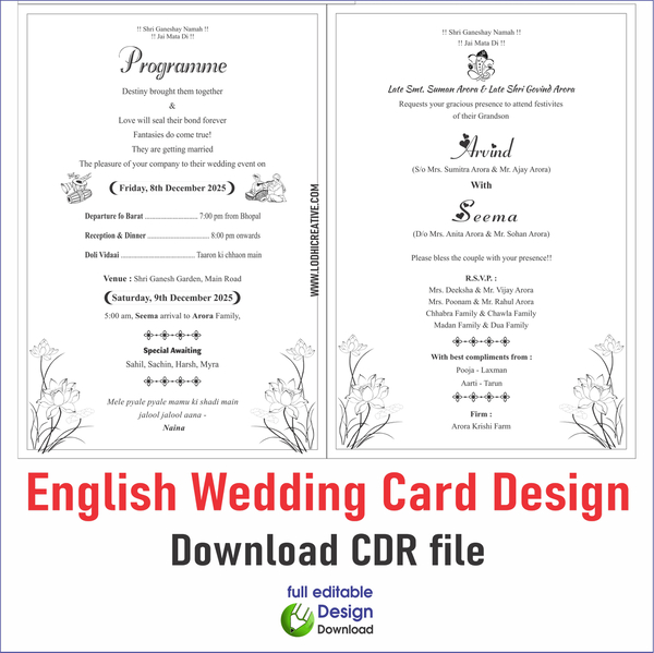 Editable English Wedding Invitation Card Design CDR File Download with Font